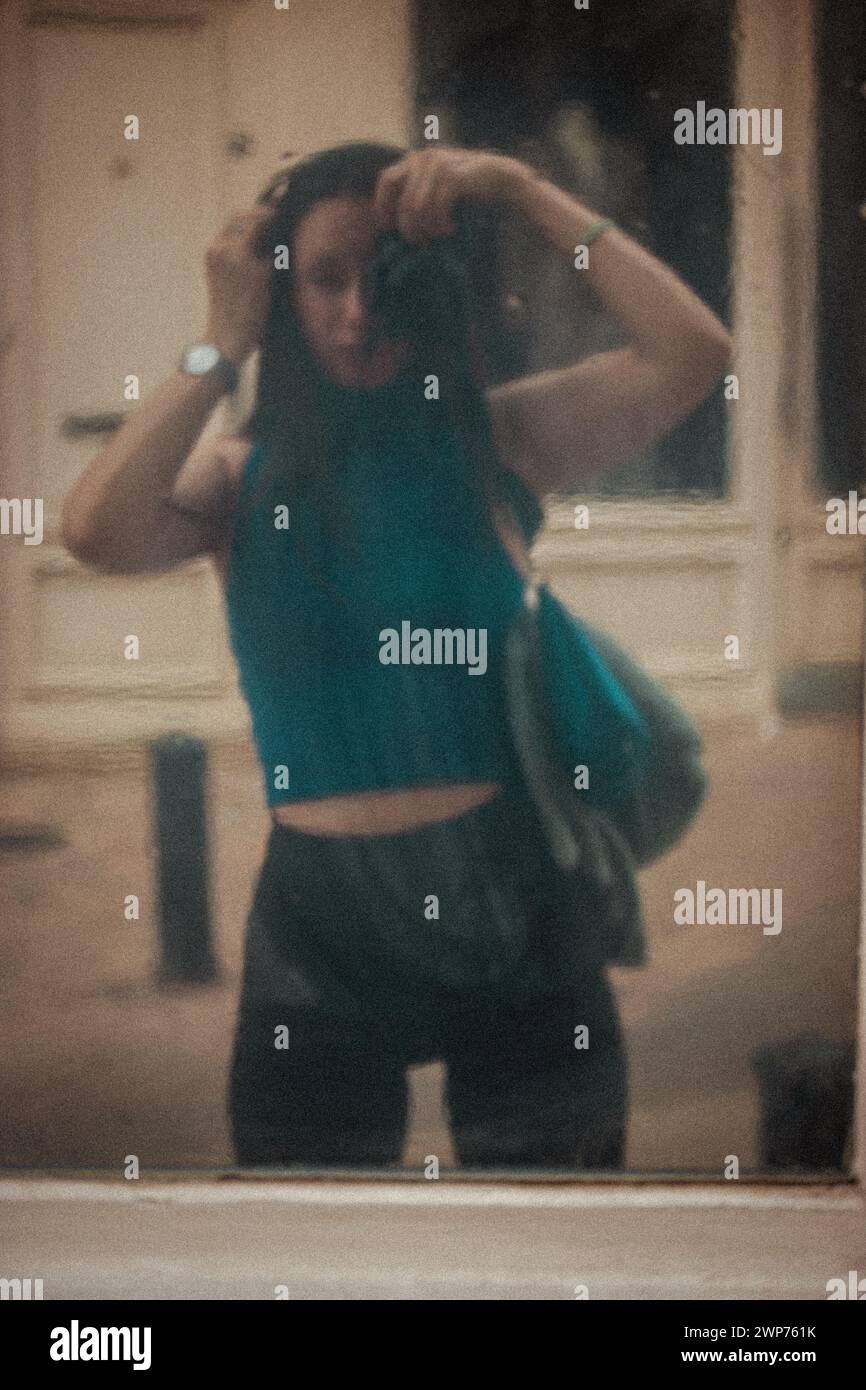 Beautiful young stylish woman, girl in summer taking self-portrait in ...