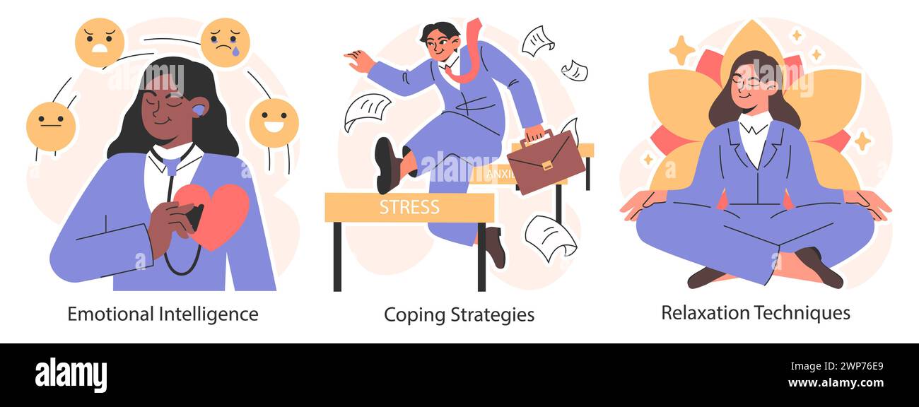 Stress management set. Diverse office characters work burnout. Employee ...