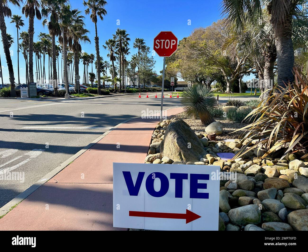 Santa Barbara, Ca, USA. 5th Mar, 2024. VOTE Sign with palm trees and a ...