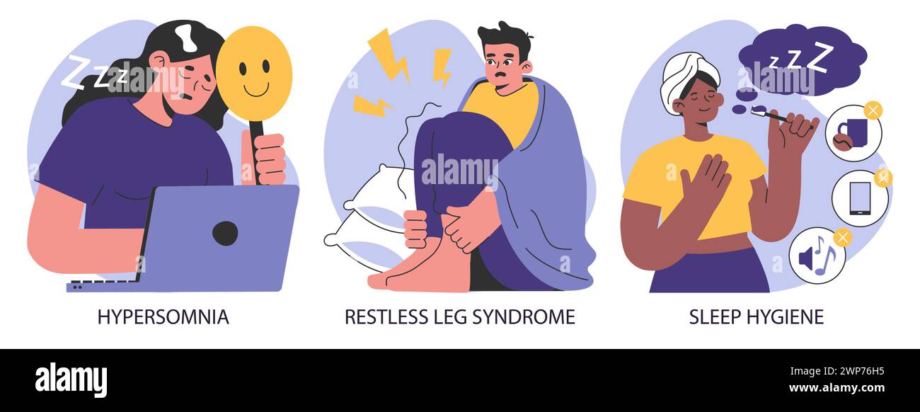 Insomnia set. Diverse characters suffering from sleep deprivation ...