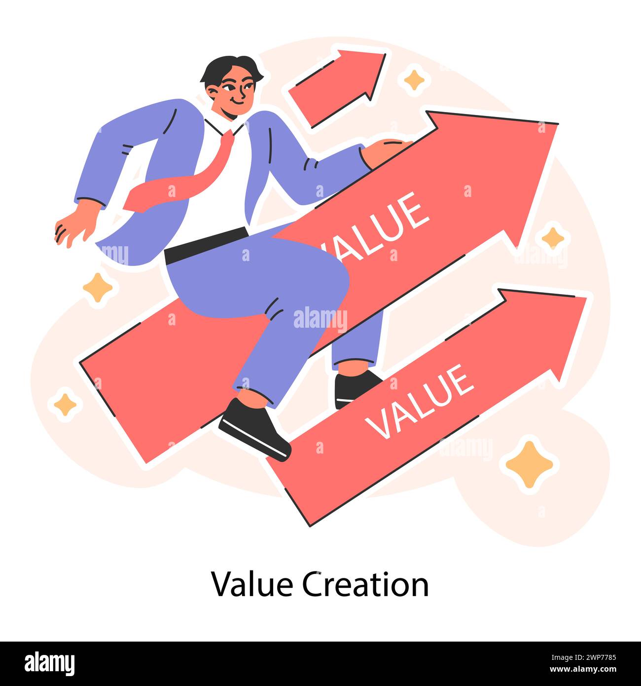 Enthusiastic businessman rides upward arrows labeled Value. Ascending ...