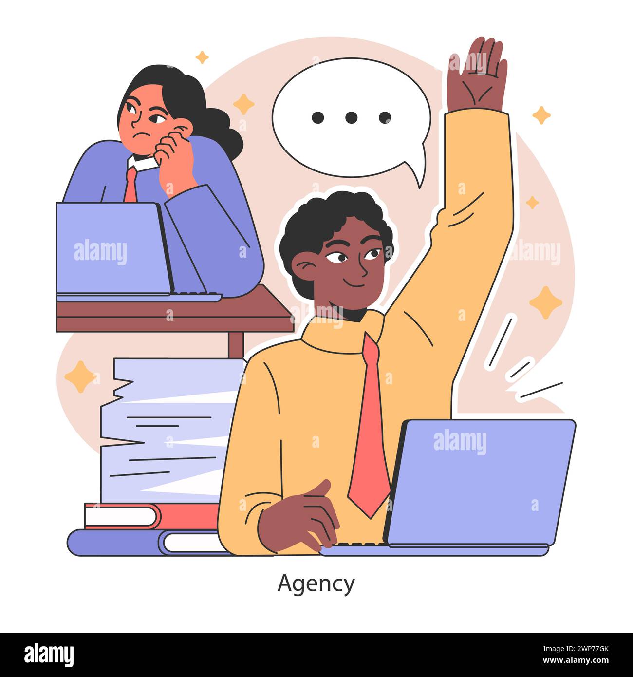 Agency concept. Proactive employee raises hand with solution. Active ...