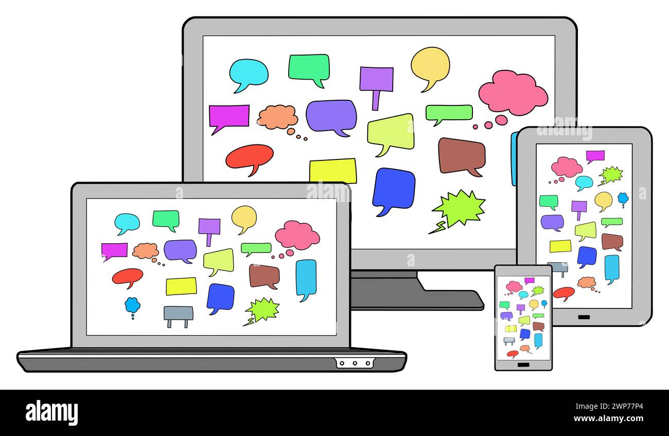 Communication concept on different devices, isolated on white Stock ...