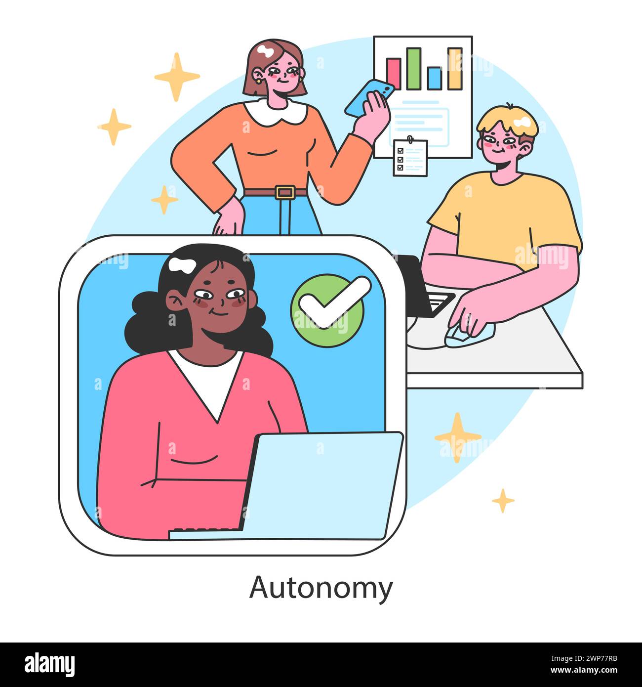 Autonomy concept. Empowered woman approves tasks remotely, while team ...