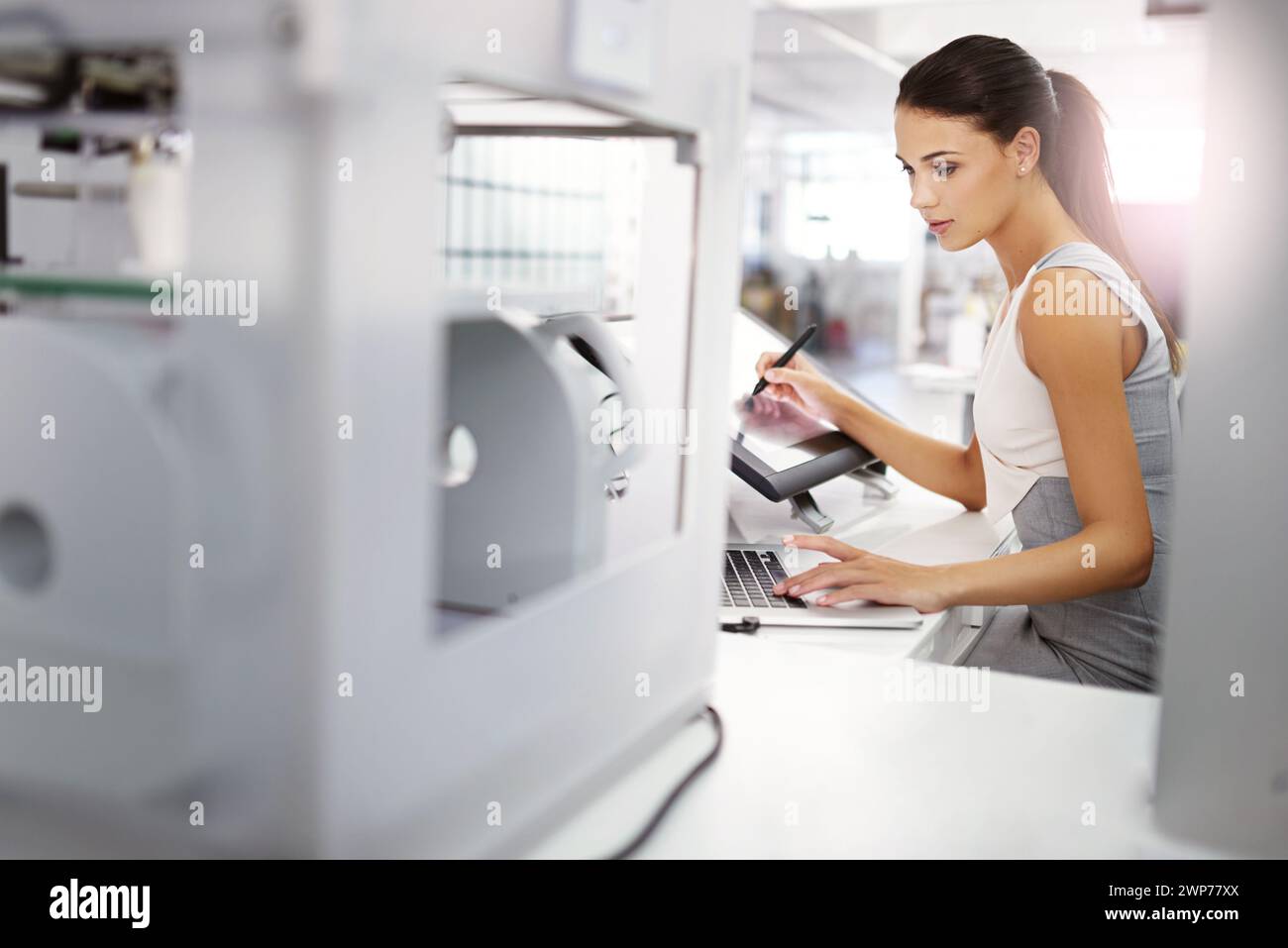 Woman, working and designer with 3D printer in office for creative ...