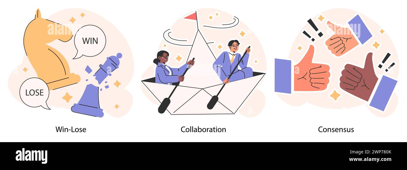 Win-win set. Professionals, employees navigate challenges, finding ...