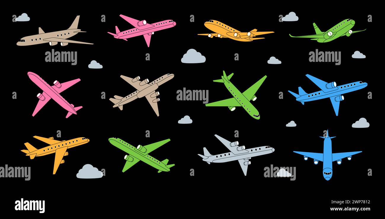 Set of airplanes. Air transport. Air flight symbol. Passenger airplanes ...