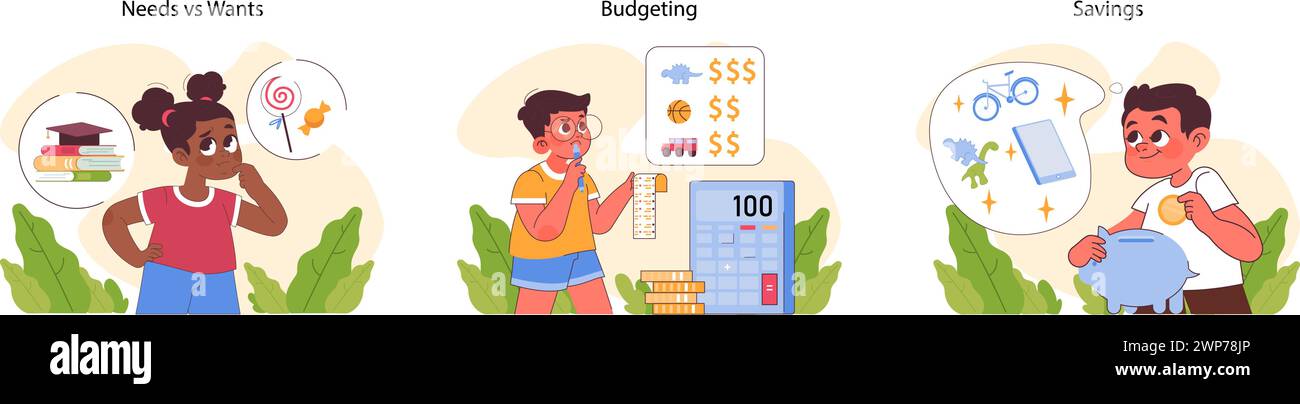 Pocket money set. Kids learning financial skills, from savings to budgeting. Allowance from ...