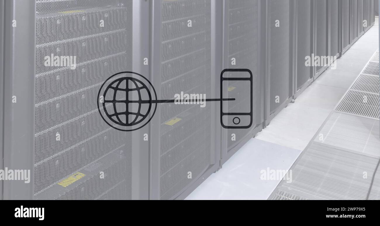 Image of globe and smartphone icons over servers Stock Photo - Alamy