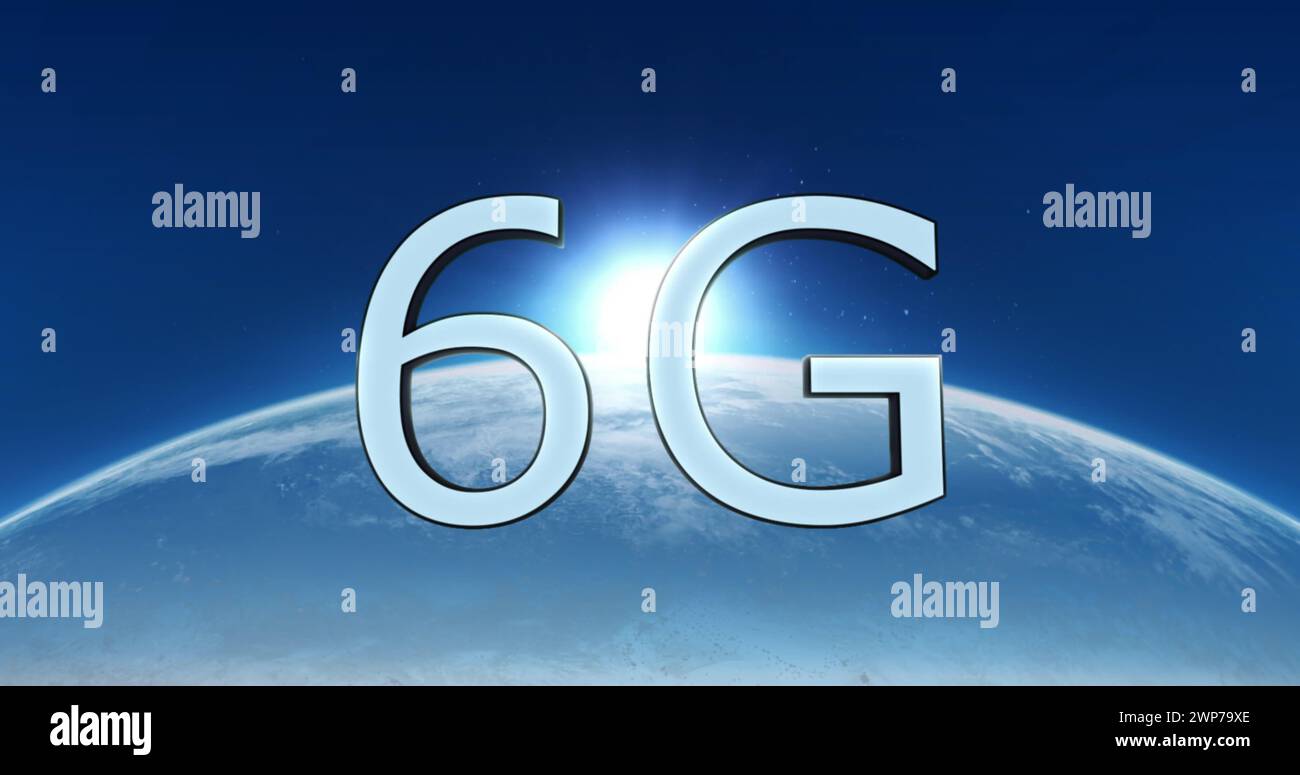 Image of 6g text over globe on blue background Stock Photo - Alamy