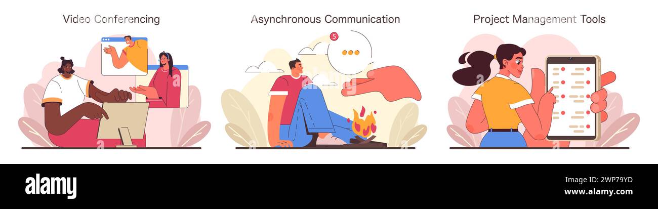 Digital Teamwork Set Multitaskers In Video Conferencing Engaging In Asynchronous Communication