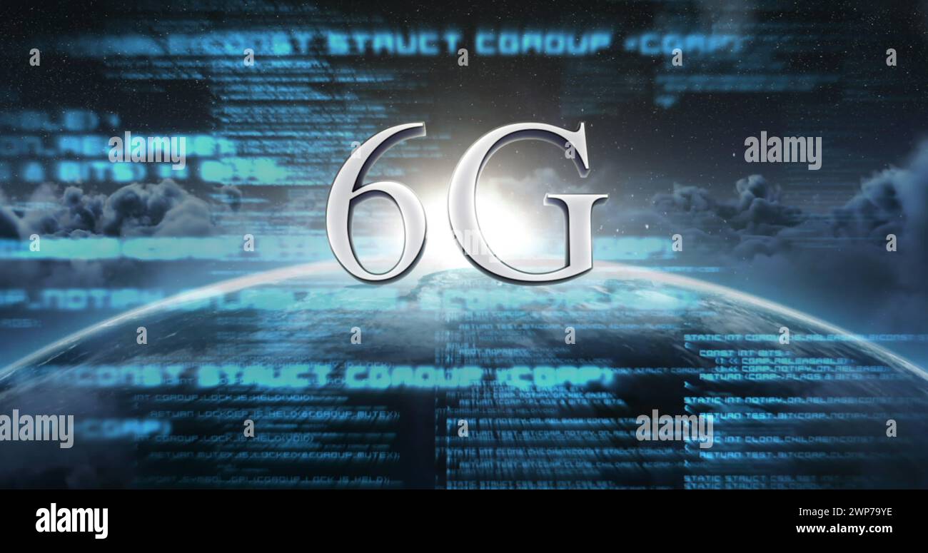 Image of 6g text over globe and data processing on blue background ...
