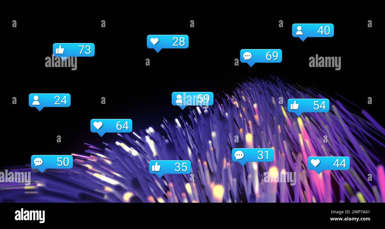 Image of social media reactions over pink and blue lights on black ...