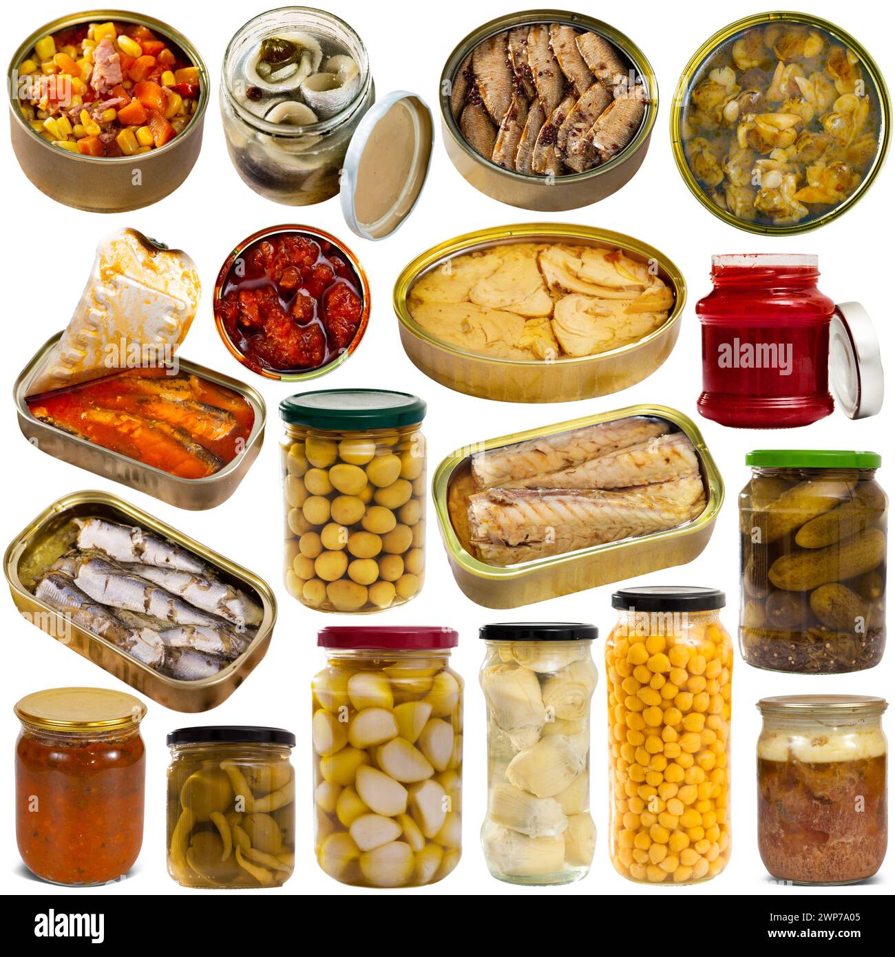 Assorted various canned goods with meat, vegetables and seafood on a ...