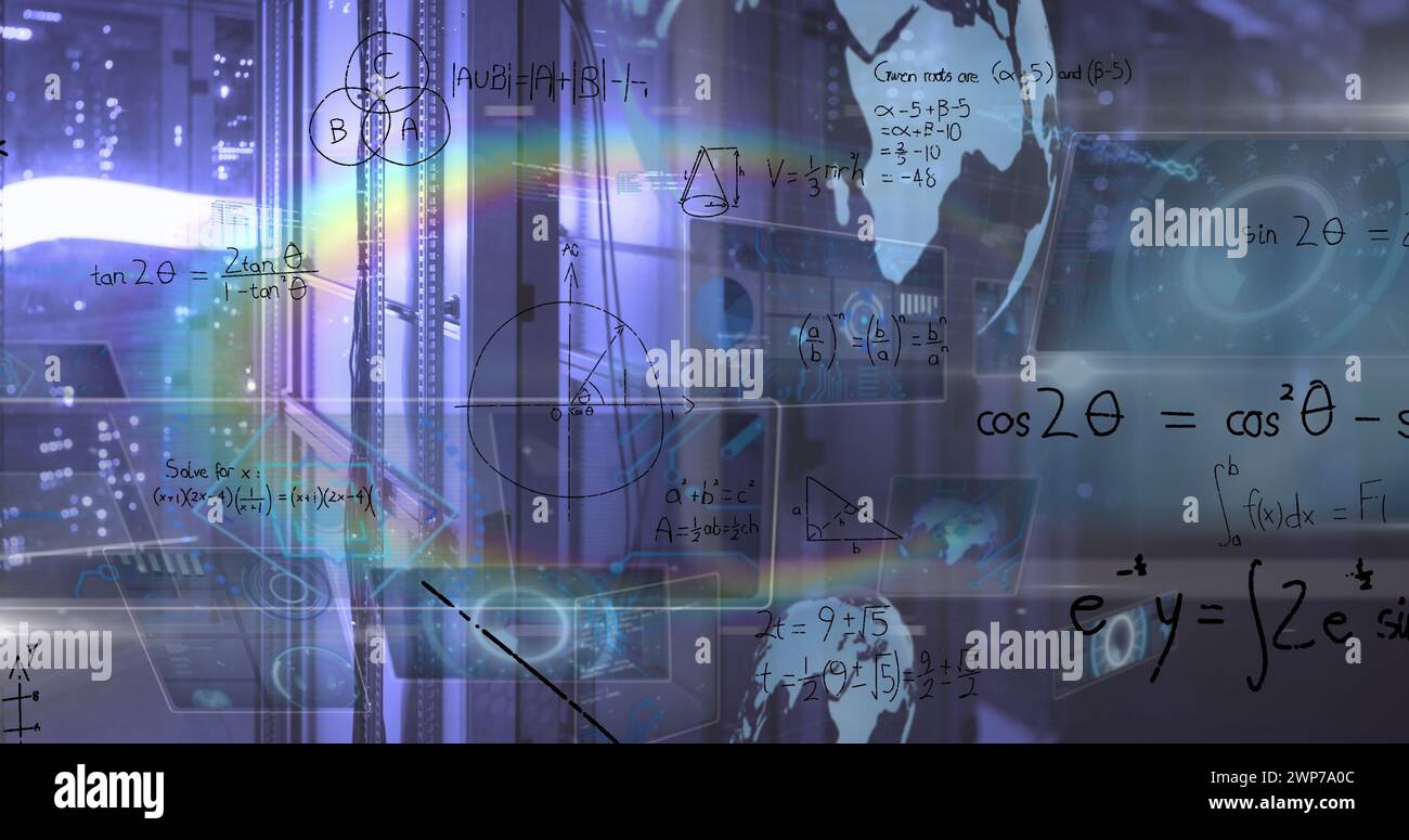 Image of rainbow lens flare, mathematical equations and data processing ...