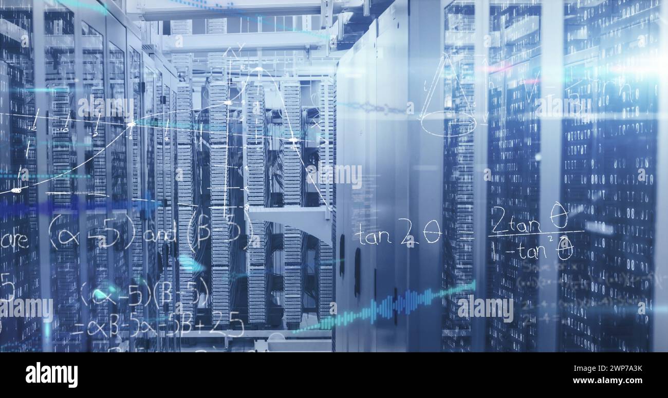 Image Of Mathematical Equations And Data Processing Against Empty Computer Server Room Stock