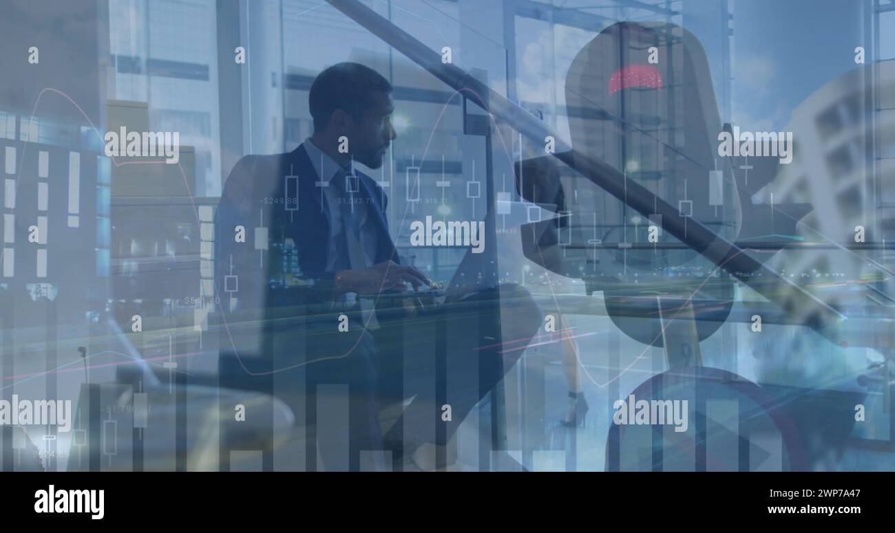 Image of financial graphs over caucasian businessman with laptop and ...