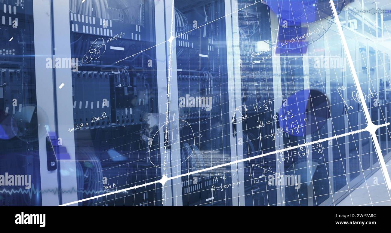 Image of mathematical equations and data processing over grid network against computer servers ...