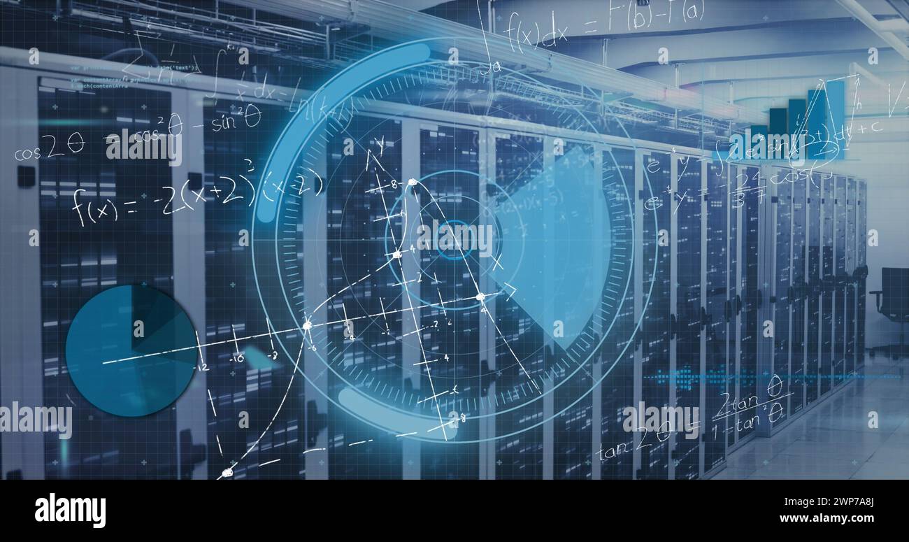 Image of scope, mathematical equations and data processing over computer servers Stock Photo - Alamy
