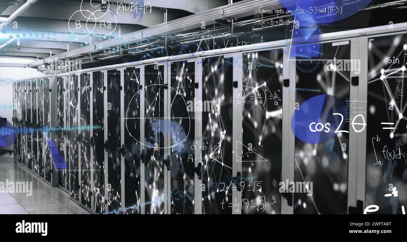Image of mathematical equations and data processing against empty computer server room. Business ...