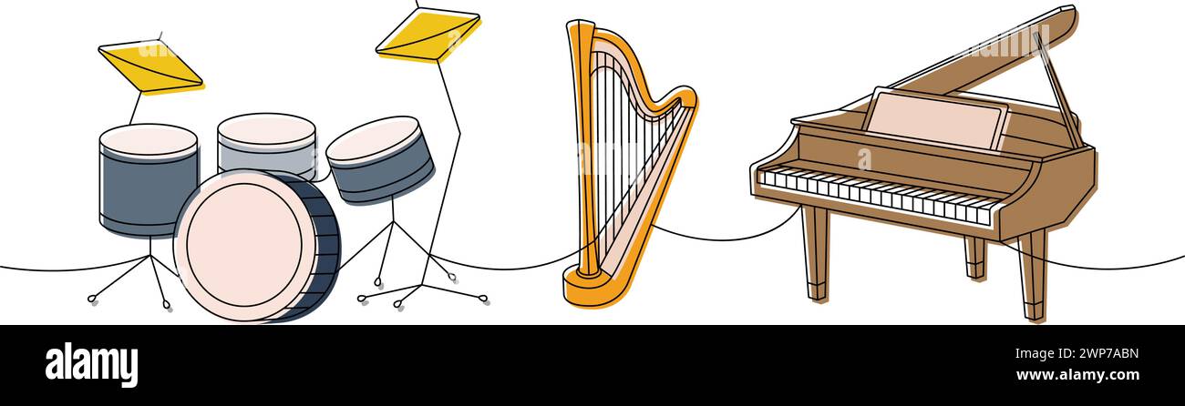 Musical Instruments Set One Line Colored Continuous Drawing Drum Kit Lyre Wooden Harp Grand