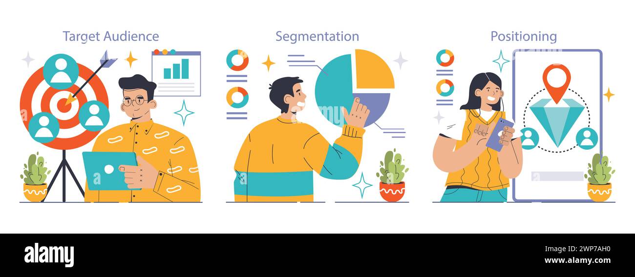 Marketing strategy set. Professionals analyze target audience, explore ...