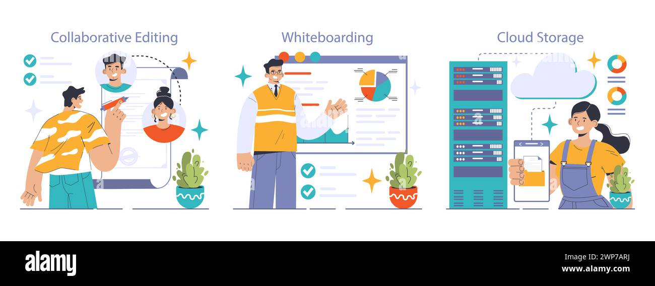 Modern office tech trio set. Team collaborates online, man demonstrates ...