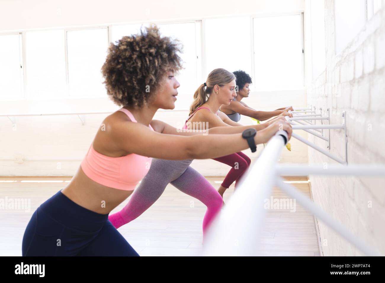 Diverse group of women practicing ballet exercises at a barre in a ...