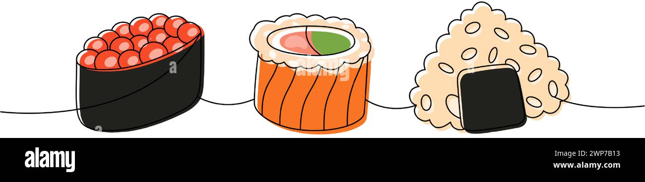 Sushi rolls set. Japanese cuisine, traditional food one line drawing ...