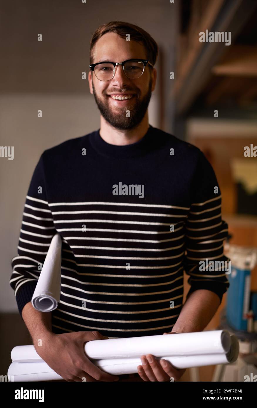 Portrait, architect and man with blueprint, construction and employee ...