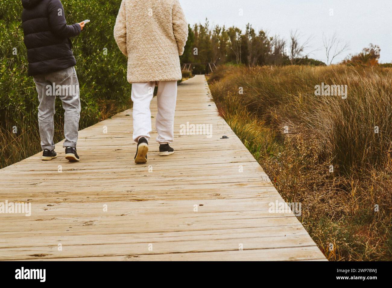 Two people, young women walking along a long road, pathway, wooden ...