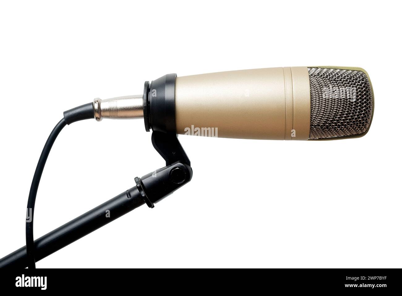 Golden podcast microphone mounted on the stand Stock Photo - Alamy