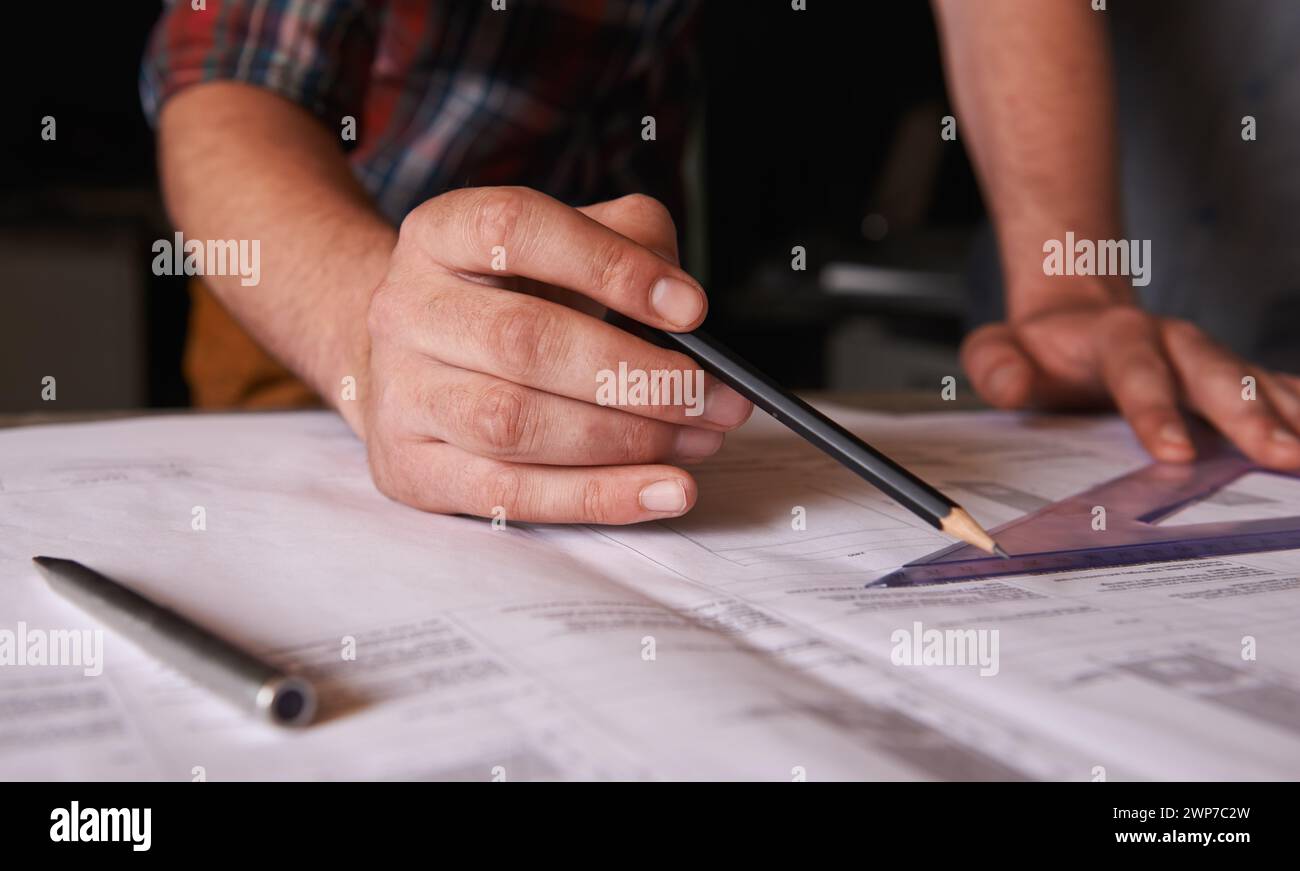 Hands, pencil and architect drawing blueprint, construction person and ...