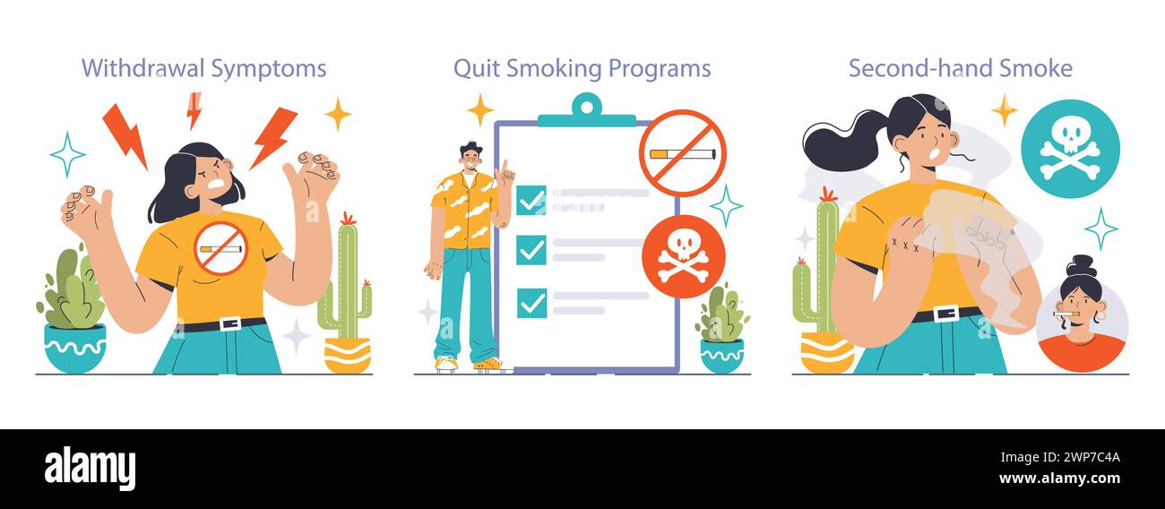 Smoking cessation set. Woman faces withdrawal symptoms, man explores ...