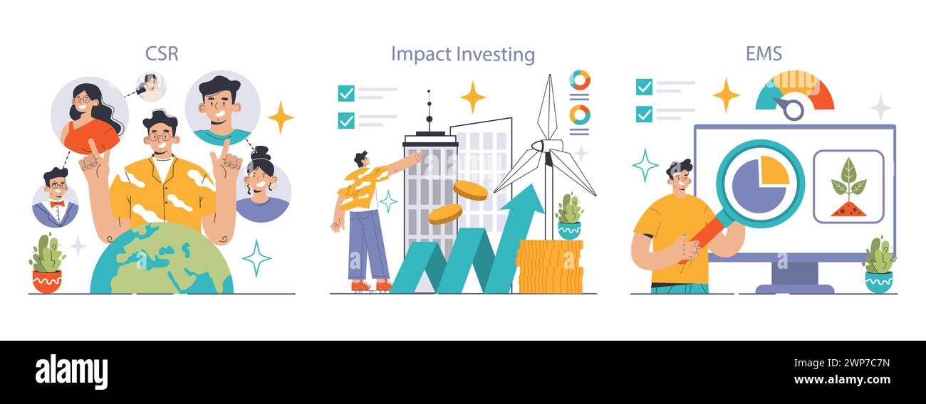 Corporate sustainability set. Professionals discussing CSR, innovative ...