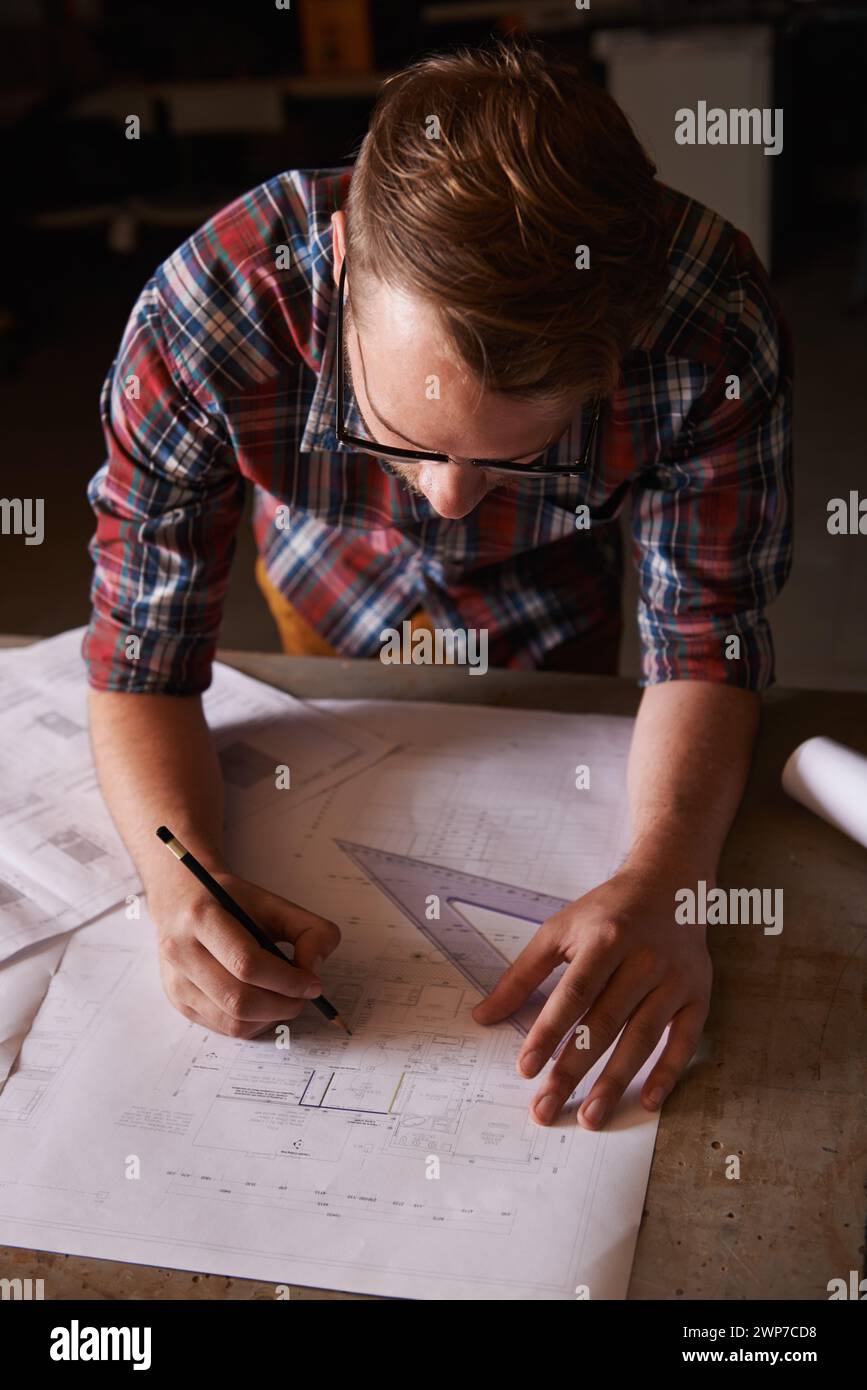 Man, architect sketch blueprint and construction for engineering ...