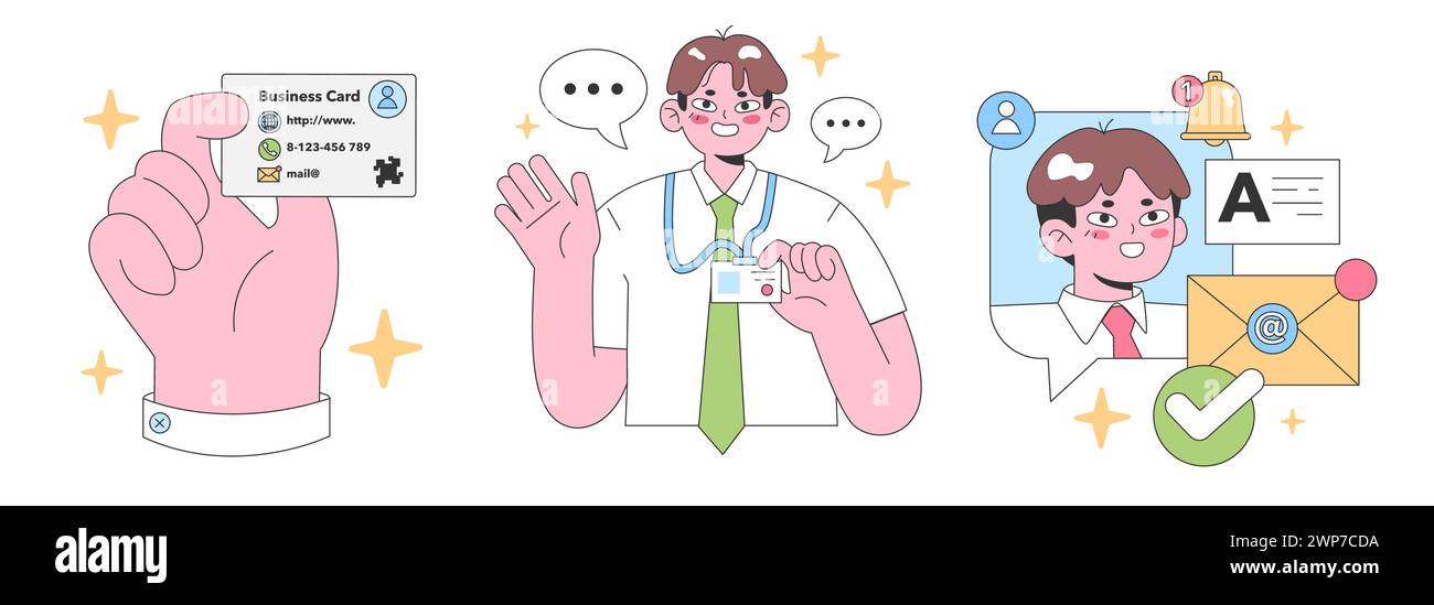 Business interactions set. Hand holding a business card, doctor sharing ...