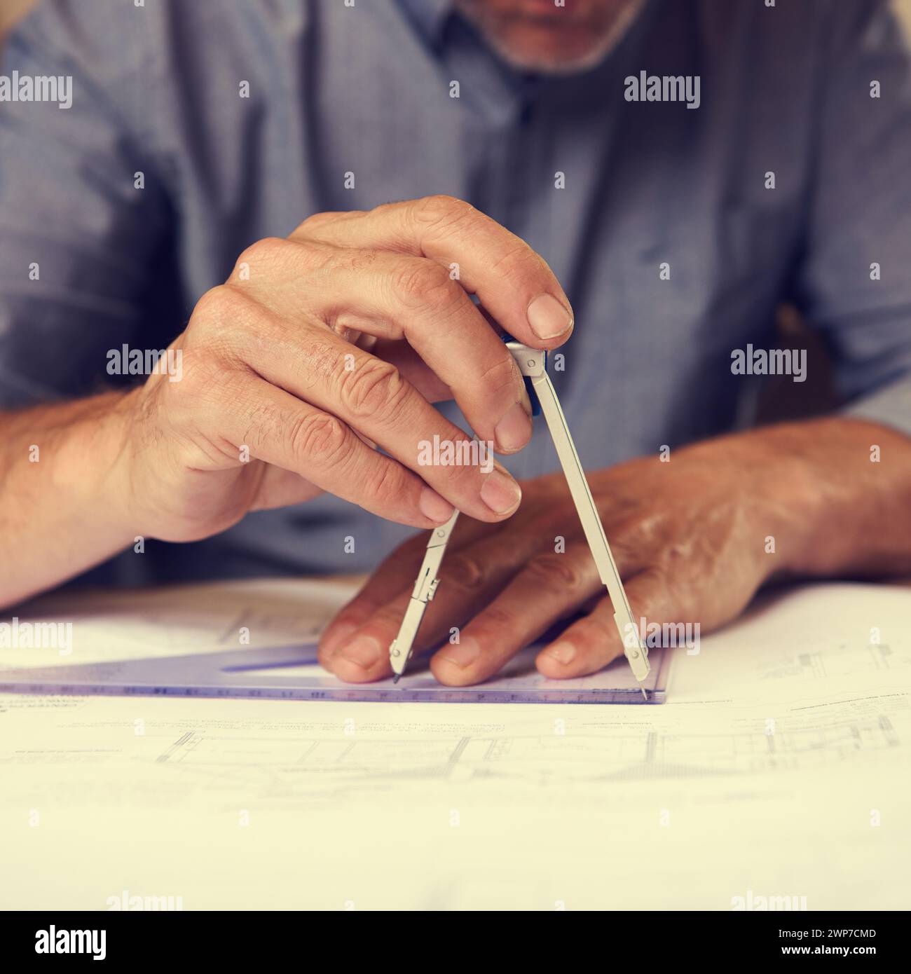 Hands, compass and triangle for architecture, blueprint drawing for ...