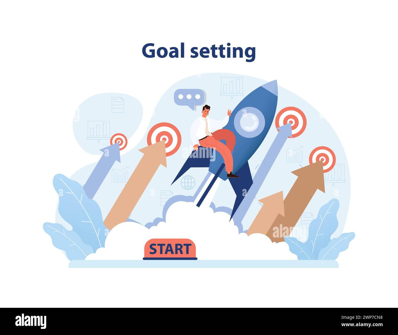 Goal setting concept. Man launching from the start, navigating rising ...