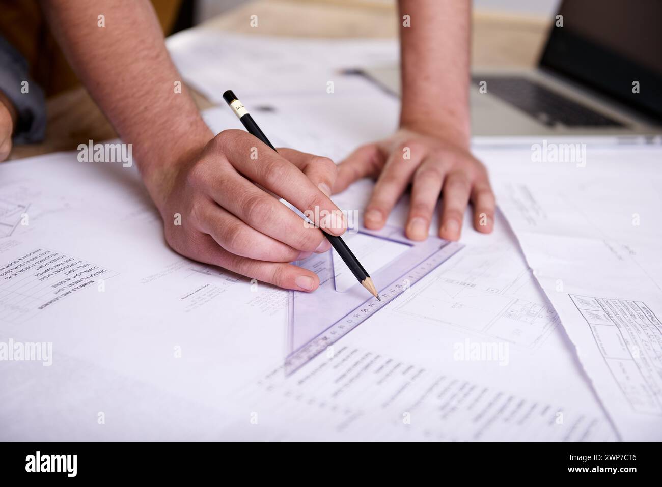 Hands, triangle and architect person drawing blueprint, construction ...