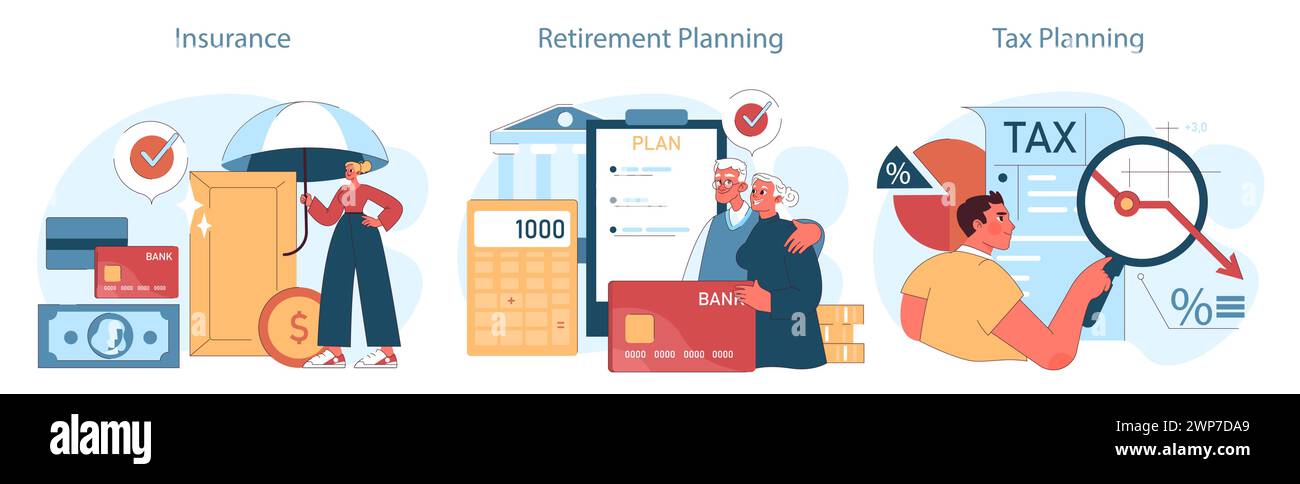 Financial planning set. Key aspects of financial security: insurance ...