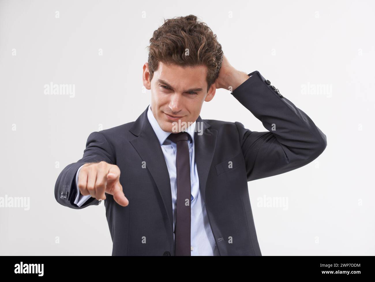 Businessman, confused and hand pointing with digital interface, UI or ...