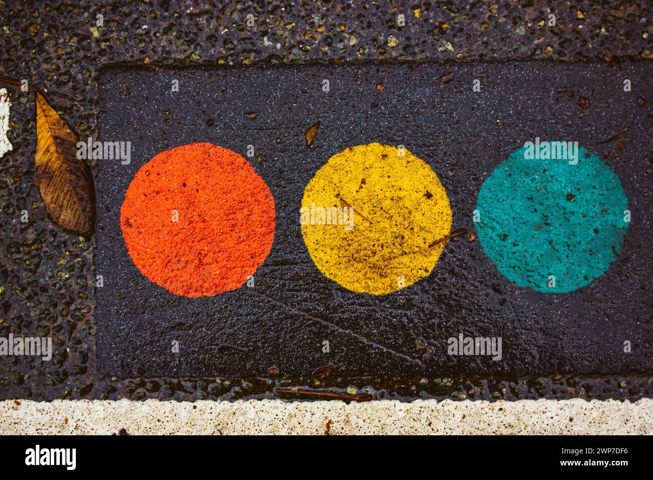 Traffic light signal sign on a wet asphalt road in a rainy autumnal day ...