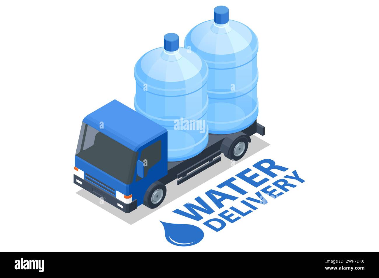 Isometric Water delivery service. Truck carrying plastic containers of ...