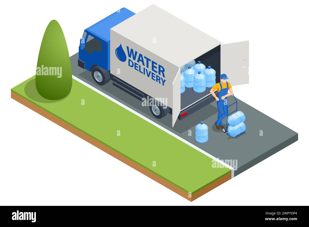 Isometric Water delivery service. Truck carrying plastic containers of ...