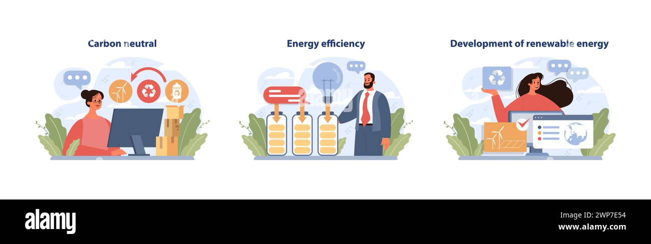 Sustainable energy set. Professionals showcasing carbon neutrality, innovative energy efficiency ...