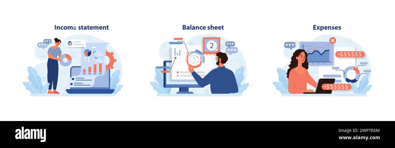 Financial reports set. Experts analyzing income statement, fine-tuning ...