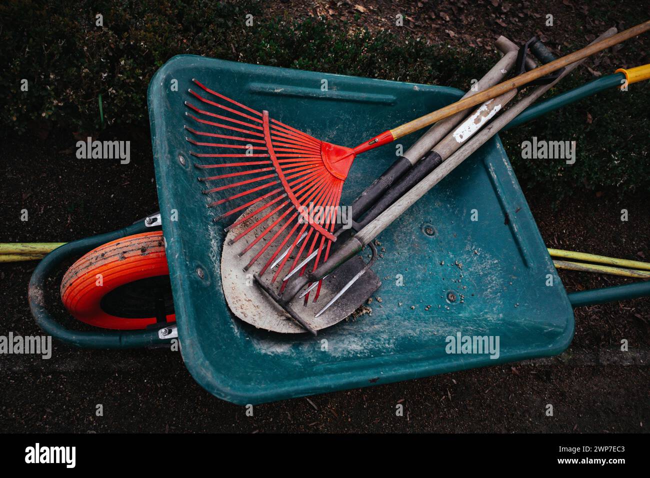 Green wheelbarrow with rakes and shovels top view. Garden tools ...
