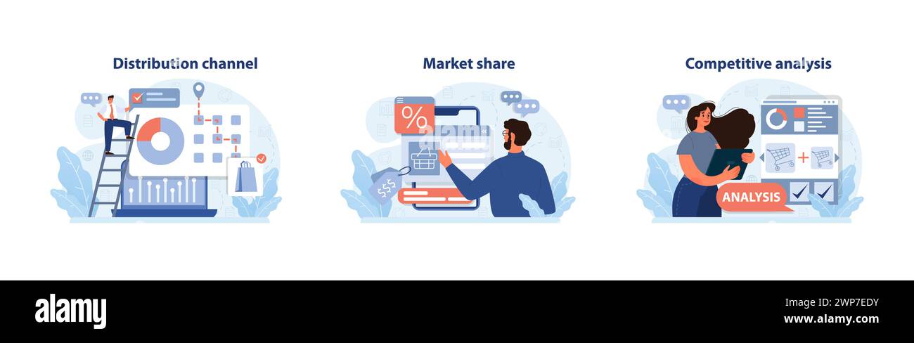 Business strategy set. Optimizing distribution channels, gauging market share, and conducting ...