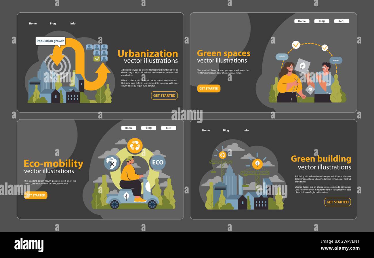 Urban development set. Cities evolving with growing populations. Green ...